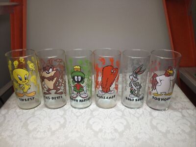 1996 LOONEY TUNES WB STORE GLASS TUMBLER CUP SET-GOSSAMER,TWY,BUGS,TAZ ...