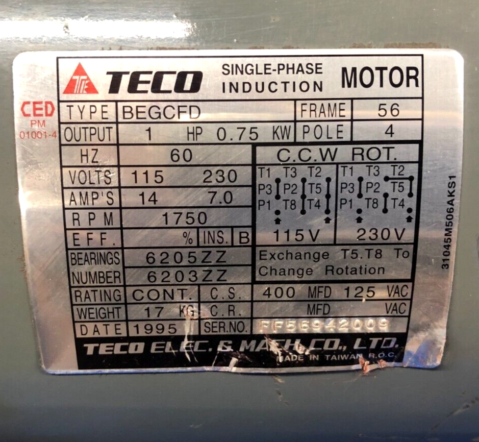 TECO INDUCTION MOTOR SINGLE PH TYPE BEGCFD 1 HP 1750 RPM W/ 3/4" FLOW ...