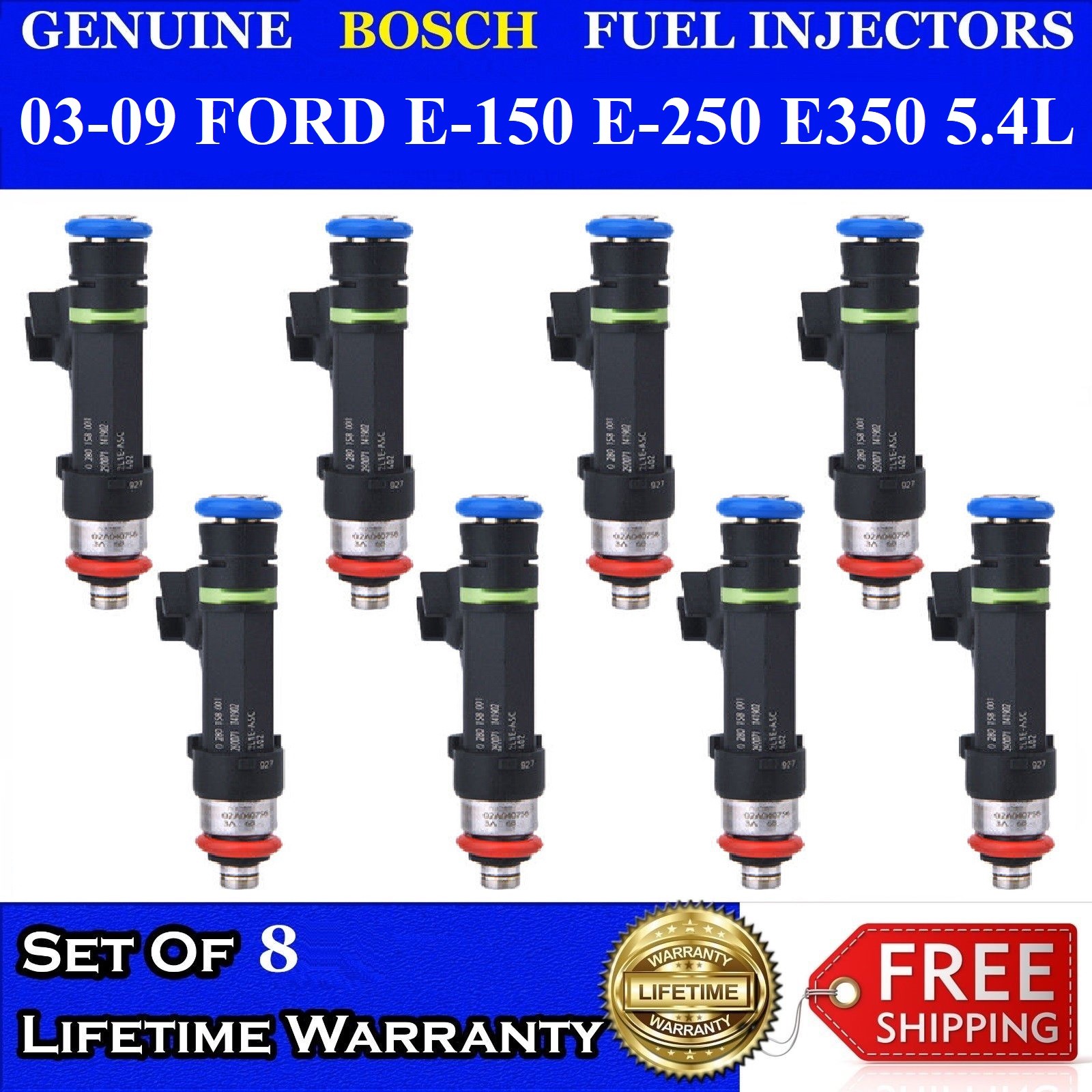 Set of 8 Genuine Bosch Fuel Injectors for 03-09 Ford E150 E250 E350 ...