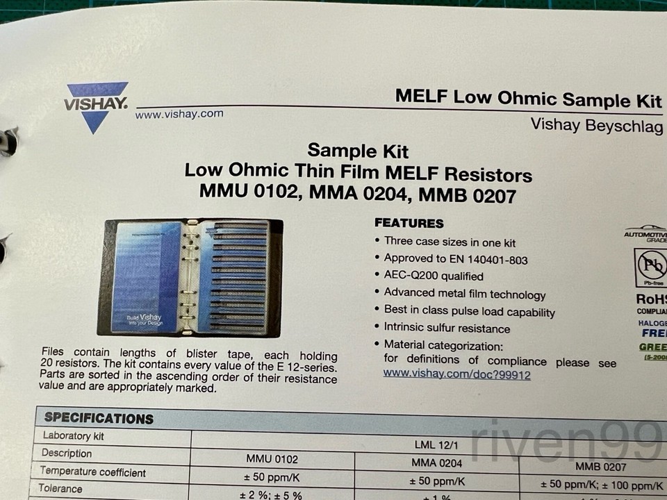 Vishay Low Ohmic 1420pc MELF Resistor Sample Book, Kit, 0.1 to 9.1 Ohm ...