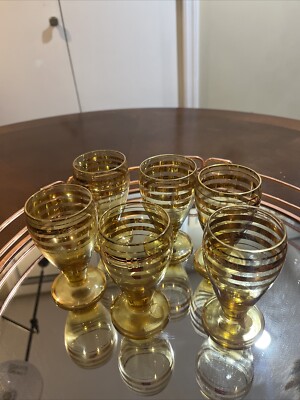 Vintage Romania Blown Glass Cordial Glasses Amber with Gold Stripes | eBay
