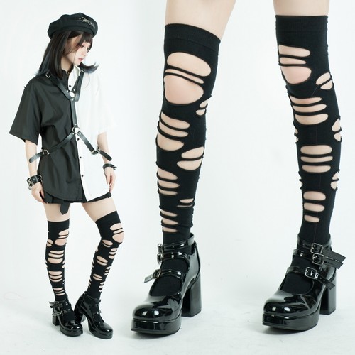 Gothic punk Sexy EGL KNEE HI damaged Stocking Knee high socks black ...