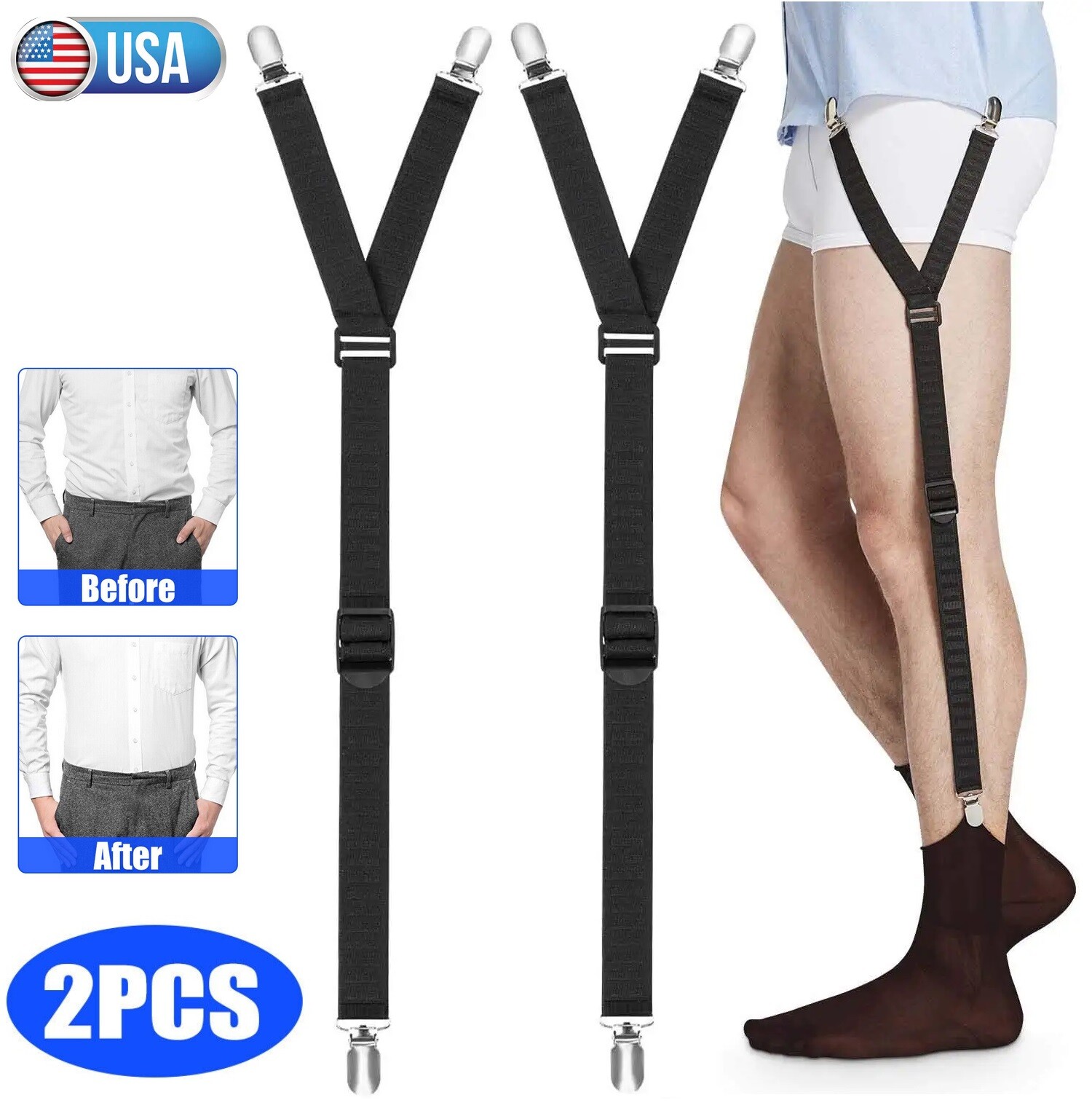 2× Shirt Stays for Men Women Y-Style Adjustable Elastic Garters Holders ...