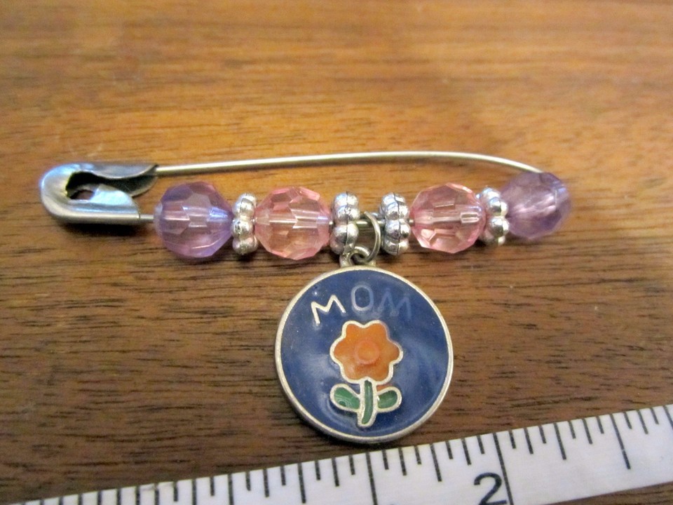 Vintage Dangling Mom Beaded Safety Pin Lapel Pin Blue White Red Pink ...