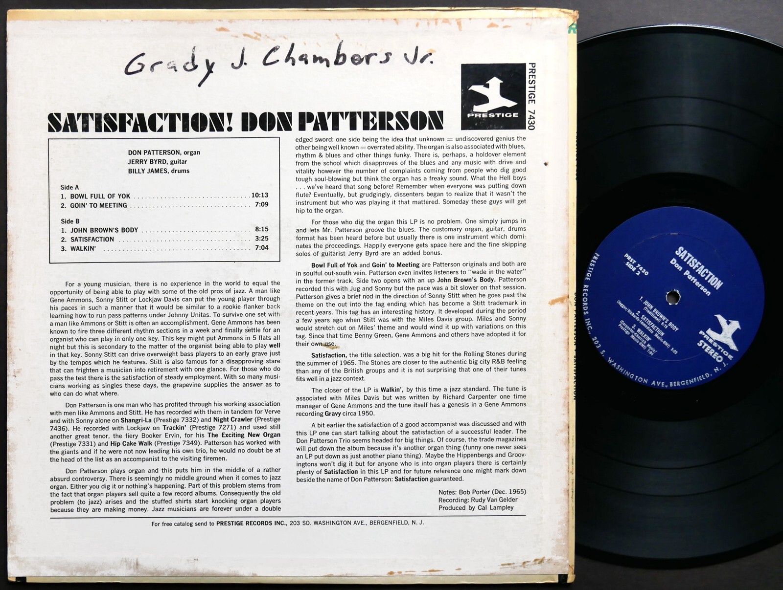 DON PATTERSON Satisfaction! LP PRESTIGE PR 7430 US 1966 RVG ST JAZZ ...