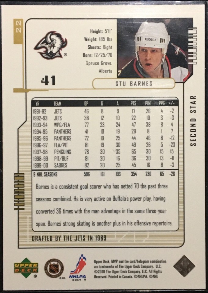 2000-01 Upper Deck MVP gold Second Star 077/100 Stu Barnes | eBay