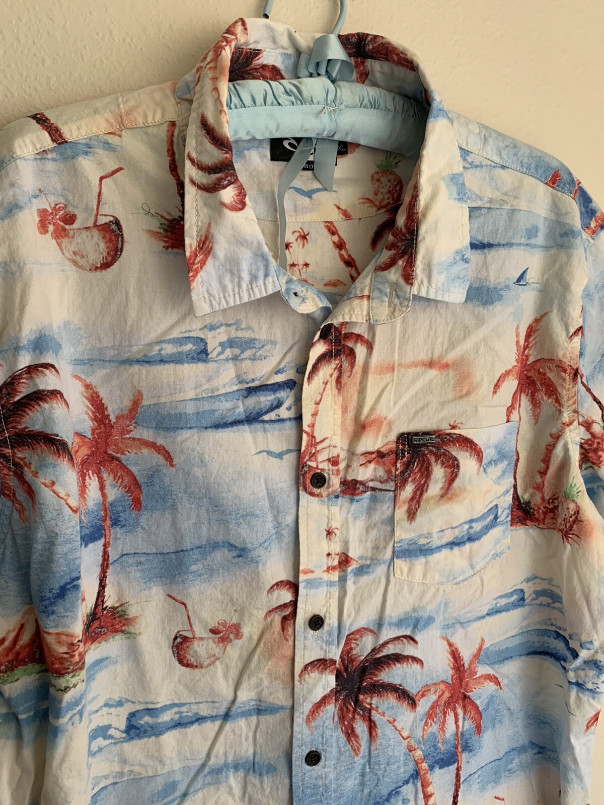XL Rip Curl Coconut Drink Hawaiian Button Shirt Summer Tropical Palm ...
