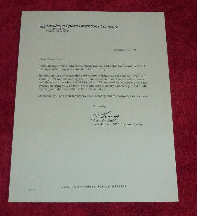 NASA Lockheed Space Operations Letter That Went With Endeavour Photo ...