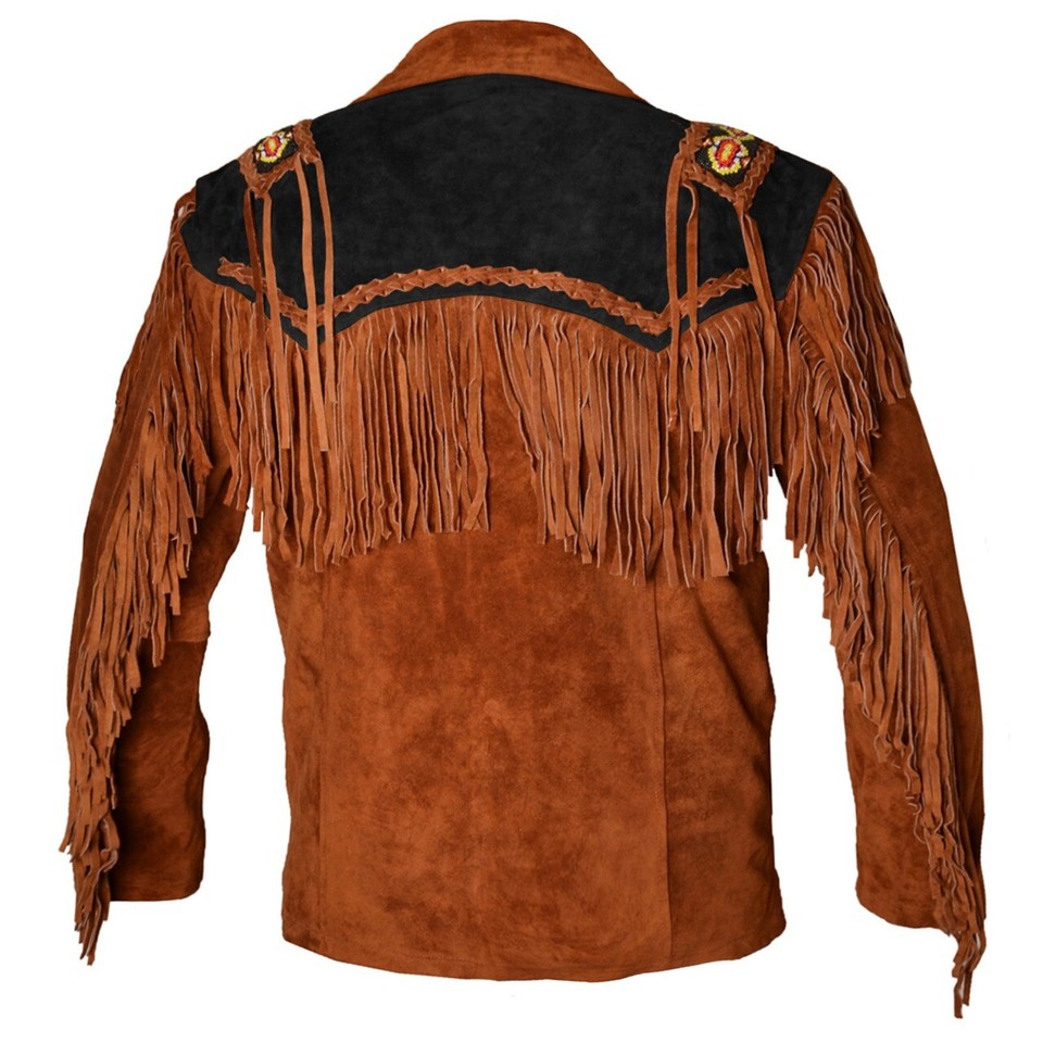 Men Western Cowboy Suede Fringe Jacket Beaded Native American Leather ...