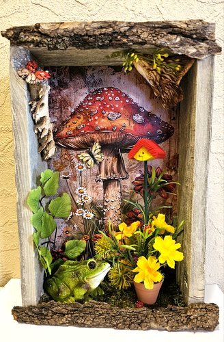 Hand Decorated Metal Sign w/Mushrooms & Frog+ In 3D Shadow Deep Box ...