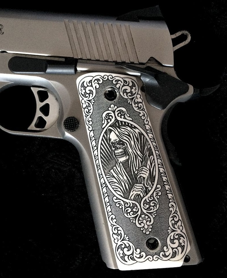 Colt 1911 custom ivory scrimshaw grips Grim Reaper Skull Scroll Pattern ...