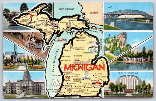 Postcard Overview Map Of Michigan Multi View Of Landmarks, Michigan ...