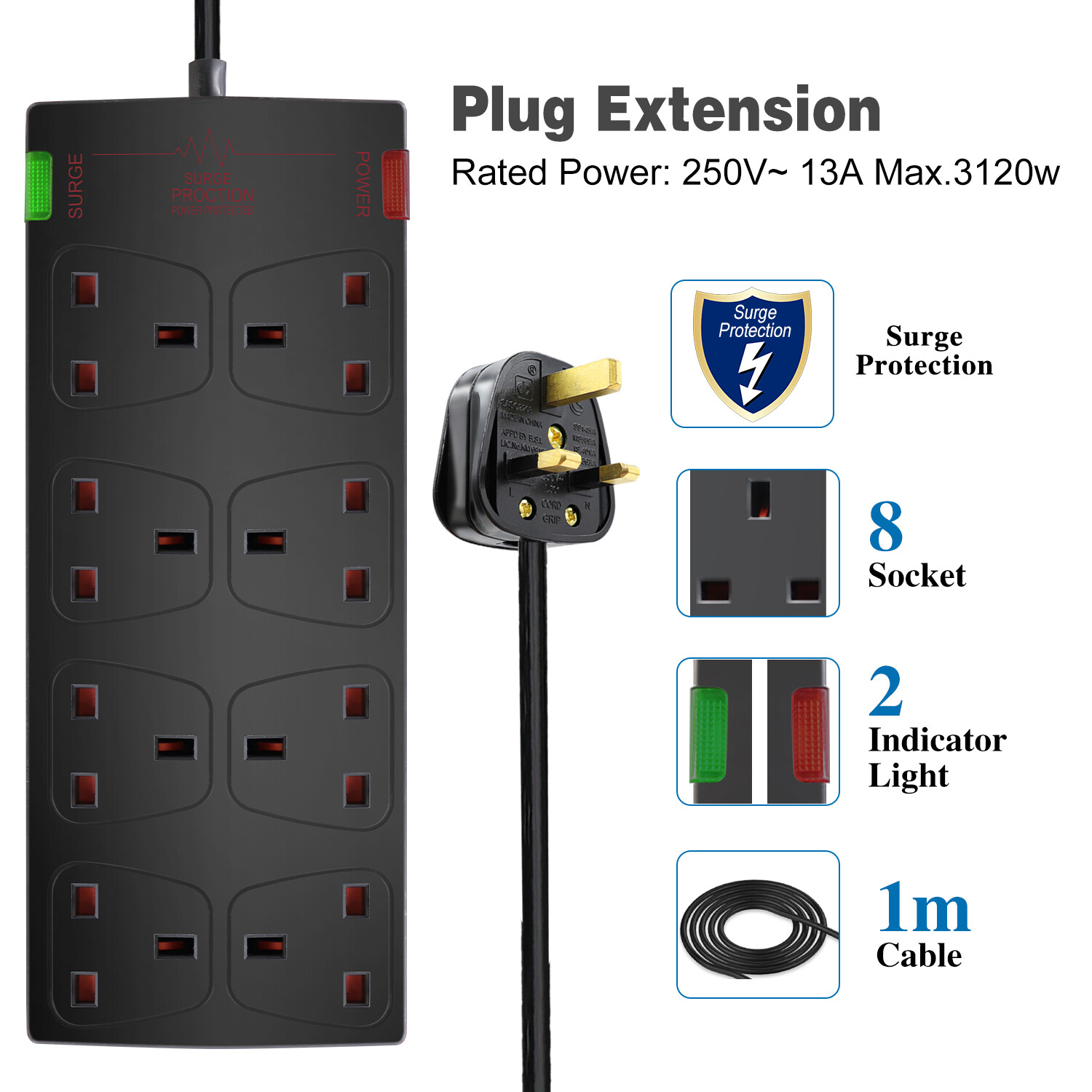 8 Way Mains Surge Protected Extension Lead 1m 2m 5m Cable Gang Socket ...