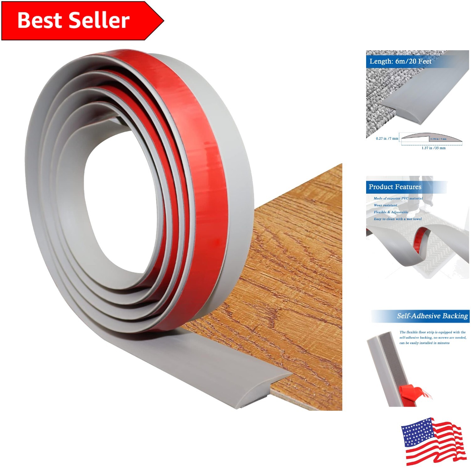 Premium Self-Adhesive PVC Transitions: 20ft Gray Strip, Versatile ...