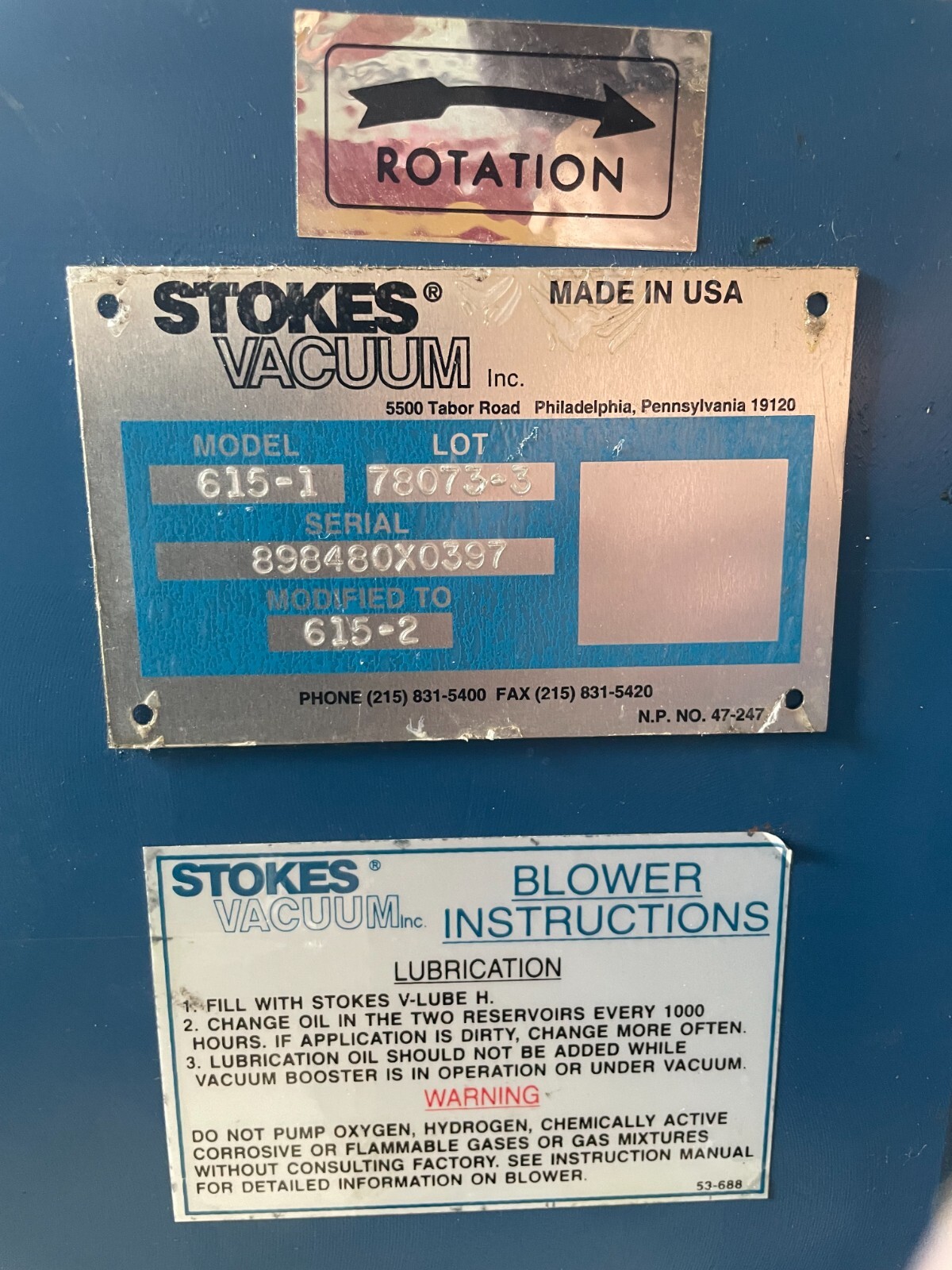 Stokes 615-1 Vacuum Blower Pump, 1300 CFM, Factory modified to 615-2 ...