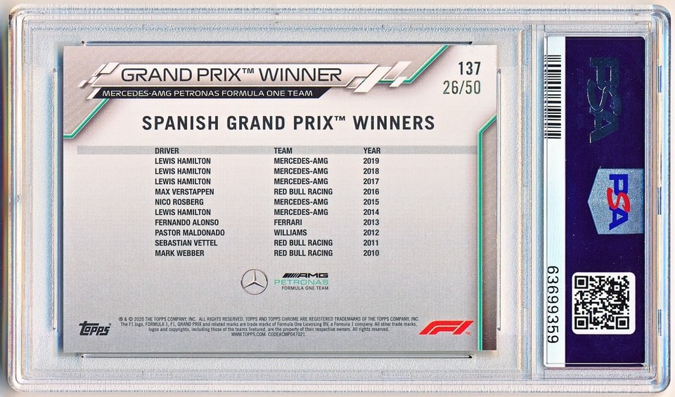2020 Topps Chrome Sapphire F1 Lewis Hamilton Gold #137 (26/50) PSA 10 ...