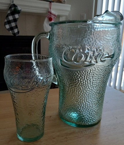 Vintage Green Pebbled Glass Coca-Cola Pitcher w/ Ice Lip & 3 vtg Coca ...
