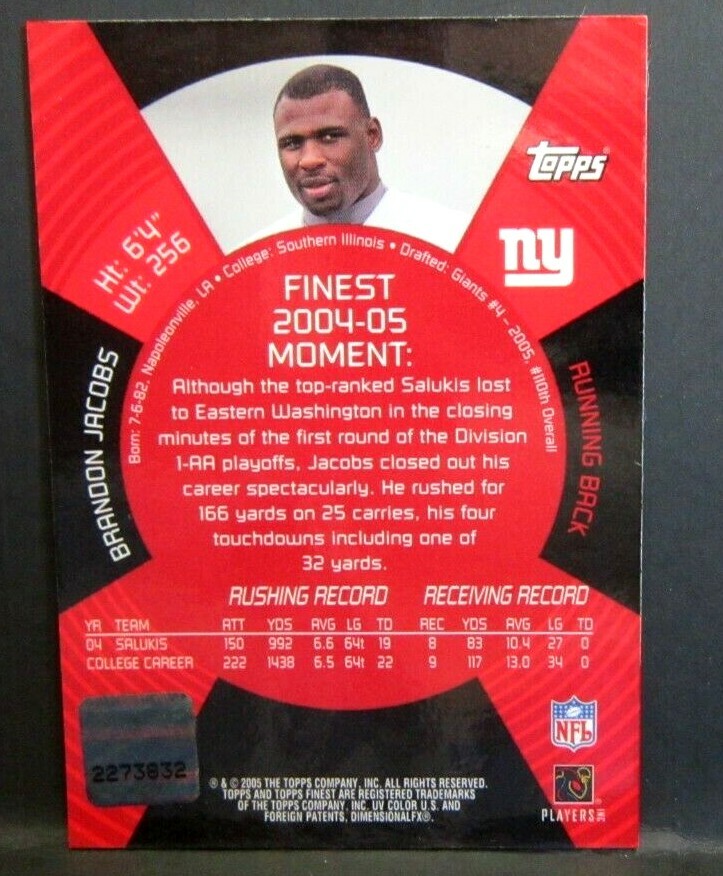 BRANDON JACOBS RC 2005 FINEST HOLOGRAM (2273832) ROOKIE AUTOGRAPH ...