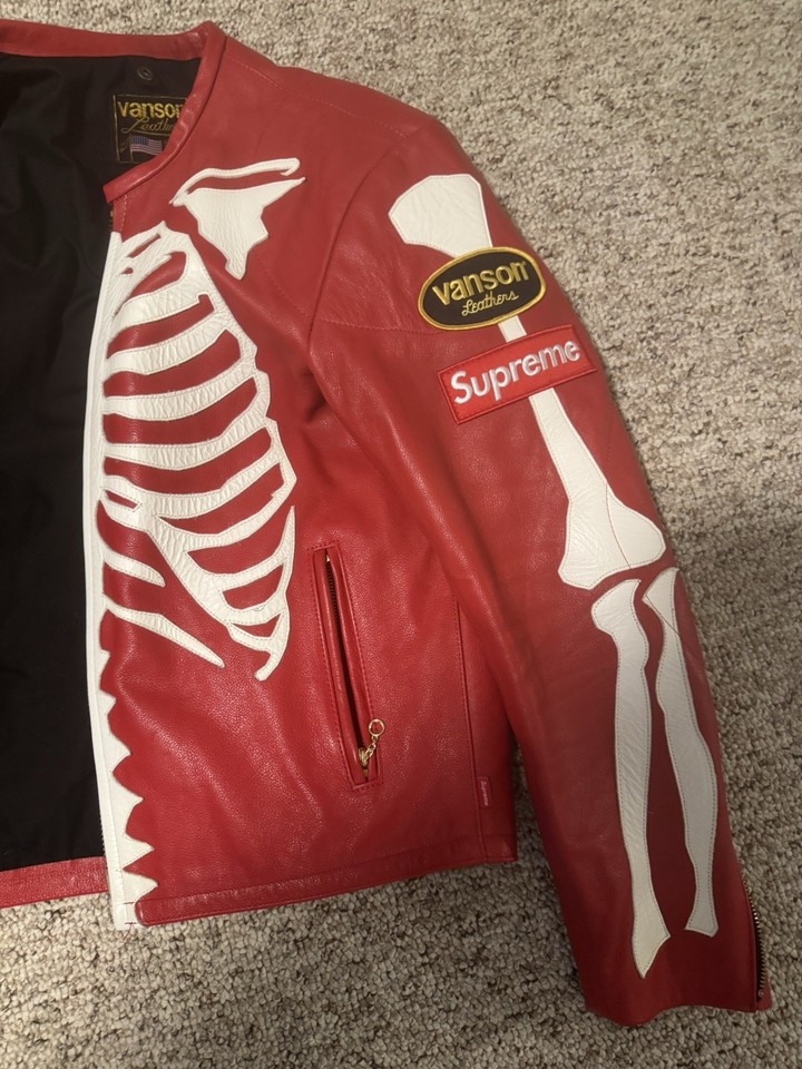 Supreme 2017 Vanson Black Men Leather Skeleton Bones Motorcycle Jacket ...