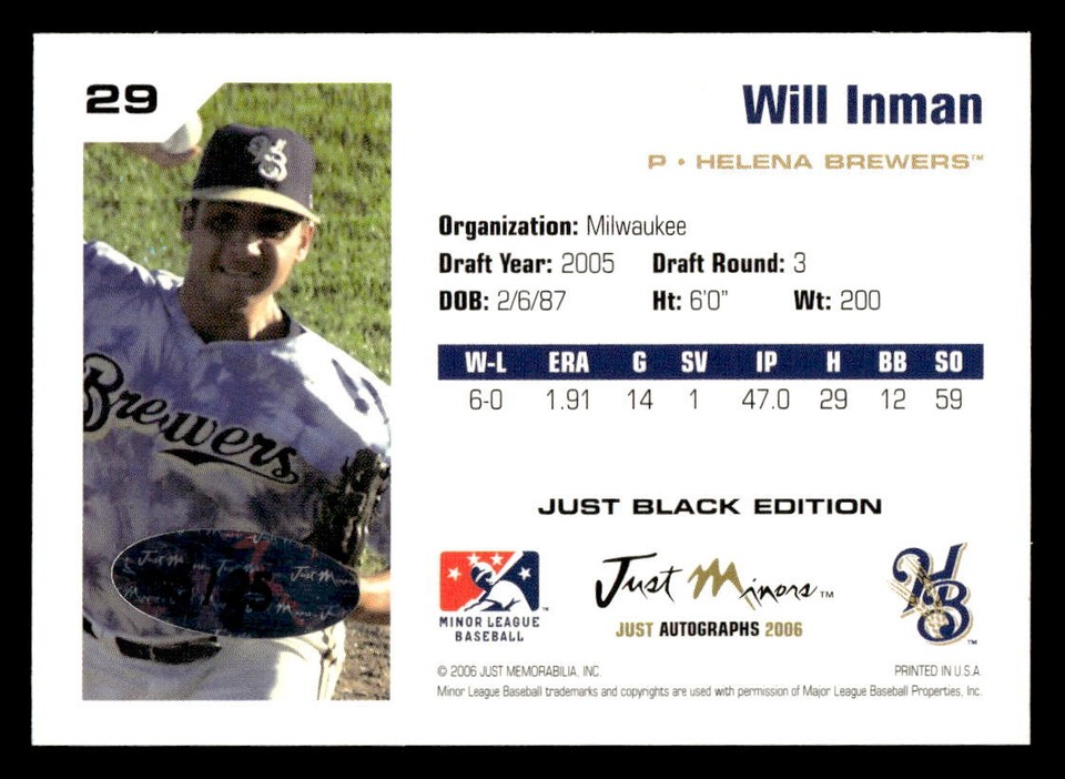 2006 Just Autographs - Signatures Black - #29 Will Inman - Helena ...