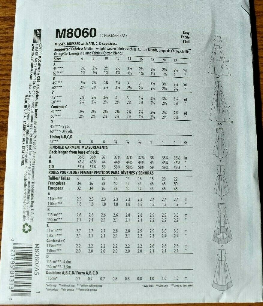 McCalls Pattern 8060 Dress Callie Misses Sizes 6 8 10 12 14 Uncut for ...