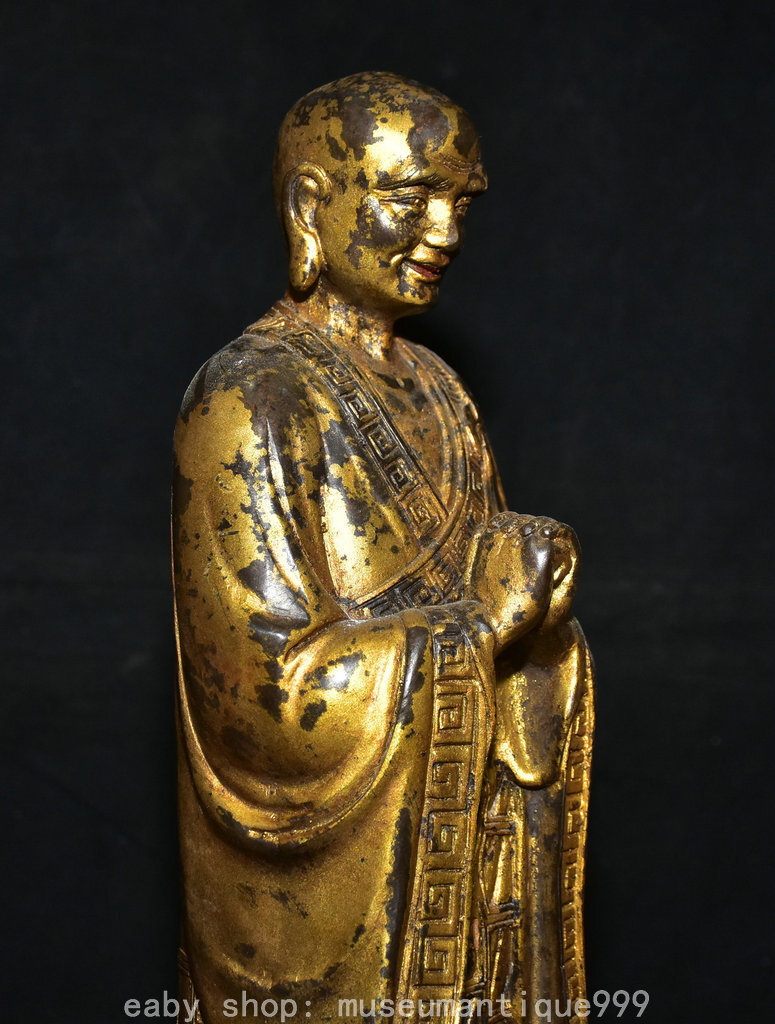18" Ancient Chinese Buddhism Bronze Gilt Buddhist Monk Arhat Luohan ...