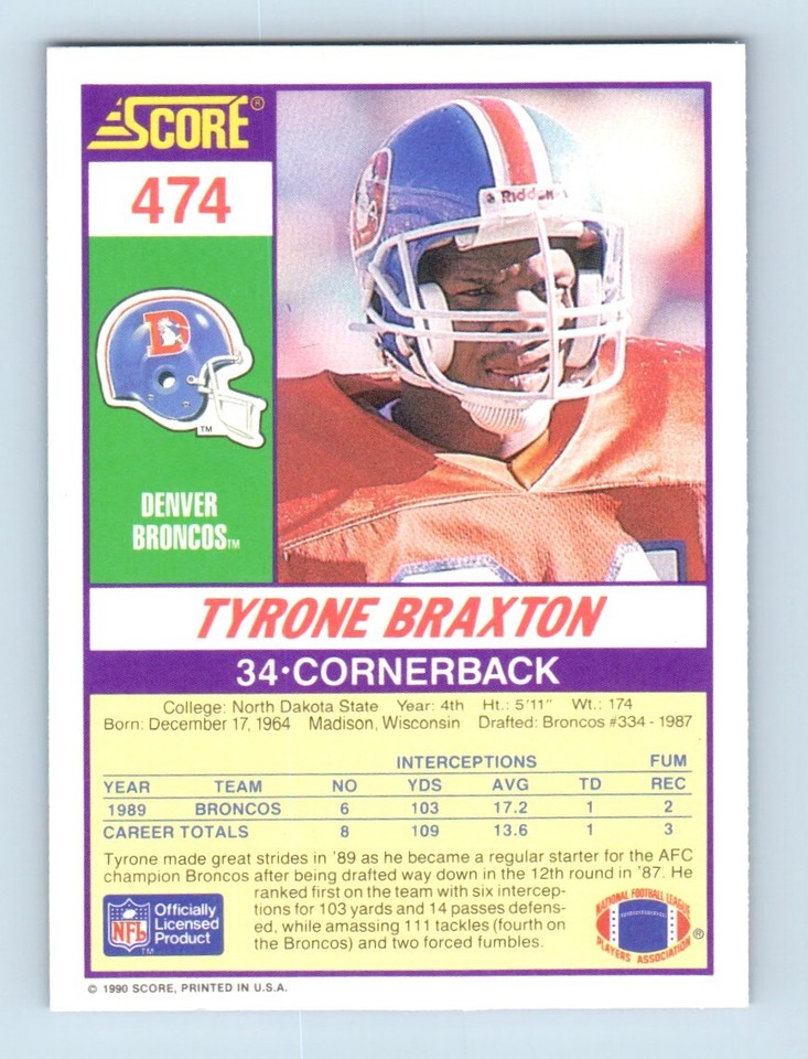 1990 Score Tyrone Braxton Denver Broncos #474 | eBay