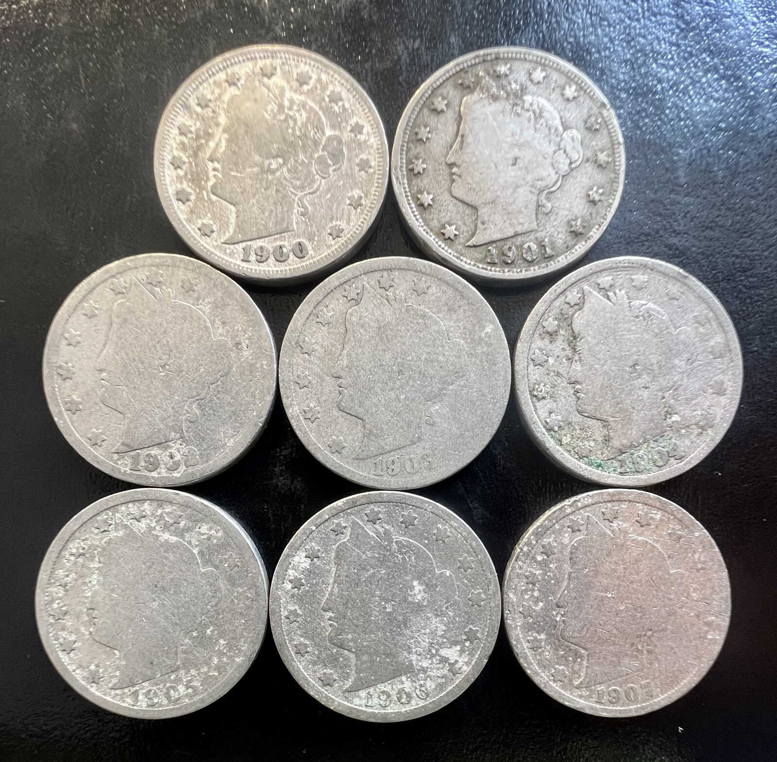 Lot of 8 Different Liberty Head V Nickels 1900 to 1907 LN12 *Exact ...