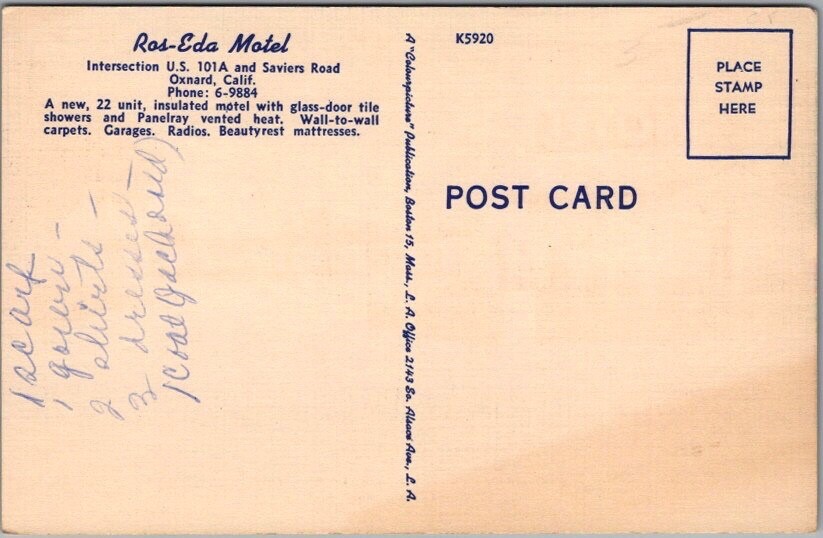 Vintage 1950s OXNARD, California Postcard ROS-EDA MOTEL Highway 101 ...