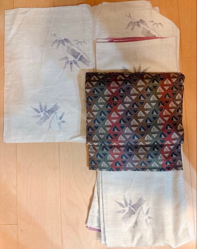 Beautiful item⭐︎Pure silk Nagoya obi, cool geometric pattern, cute ship ...