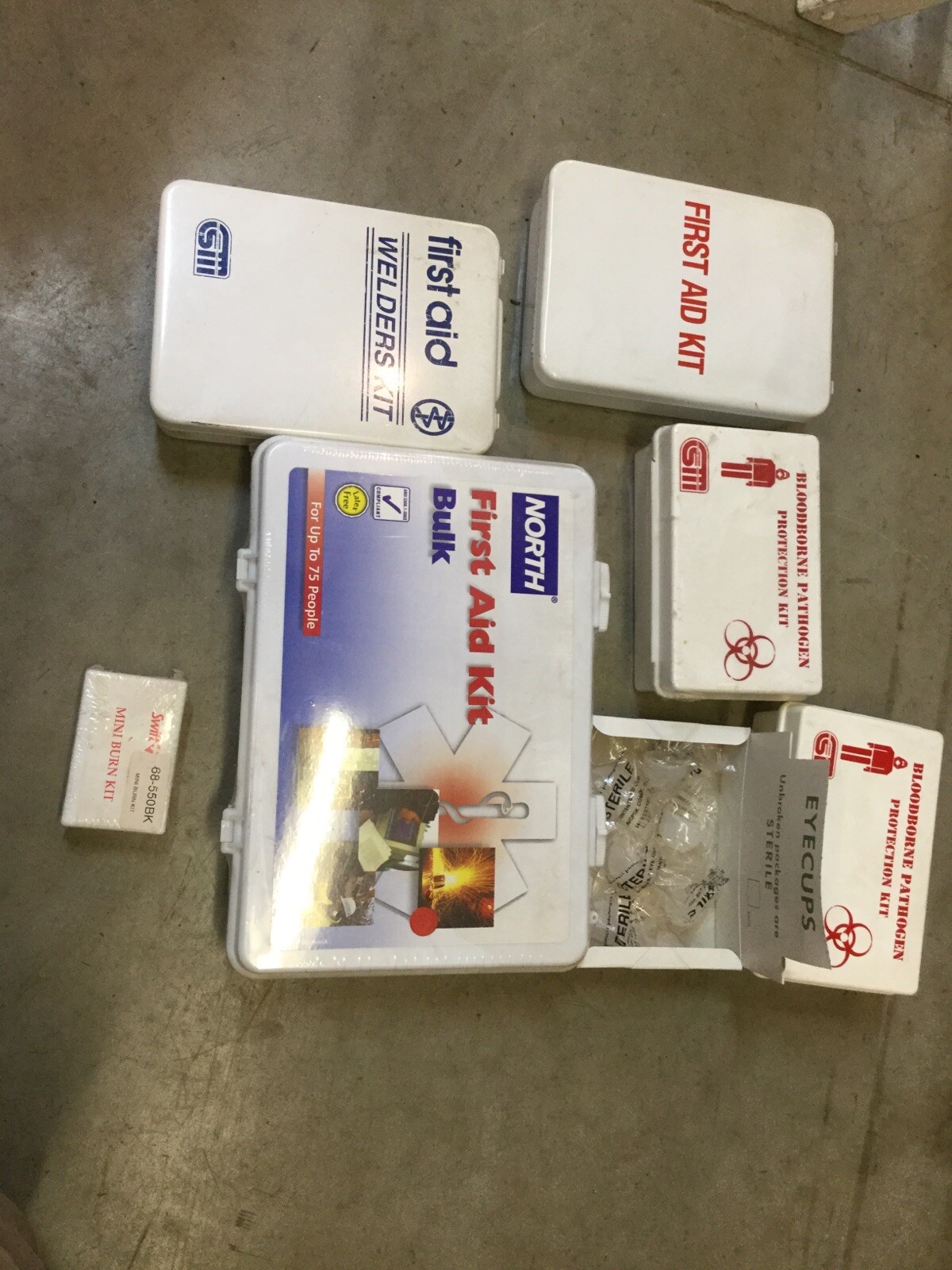 Lot Of First Aid Kits, Welders Kits, Bloodborne Pathogen Protection Kit ...