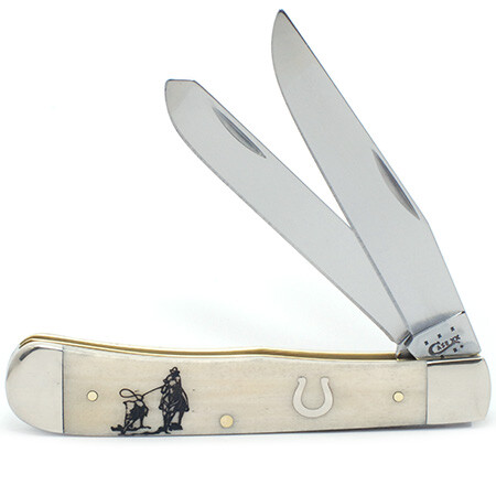 CASE XX KNIVES ROPING COWBOY NATURAL BONE HORSESHOE SHIELD TRAPPER 6254 ...