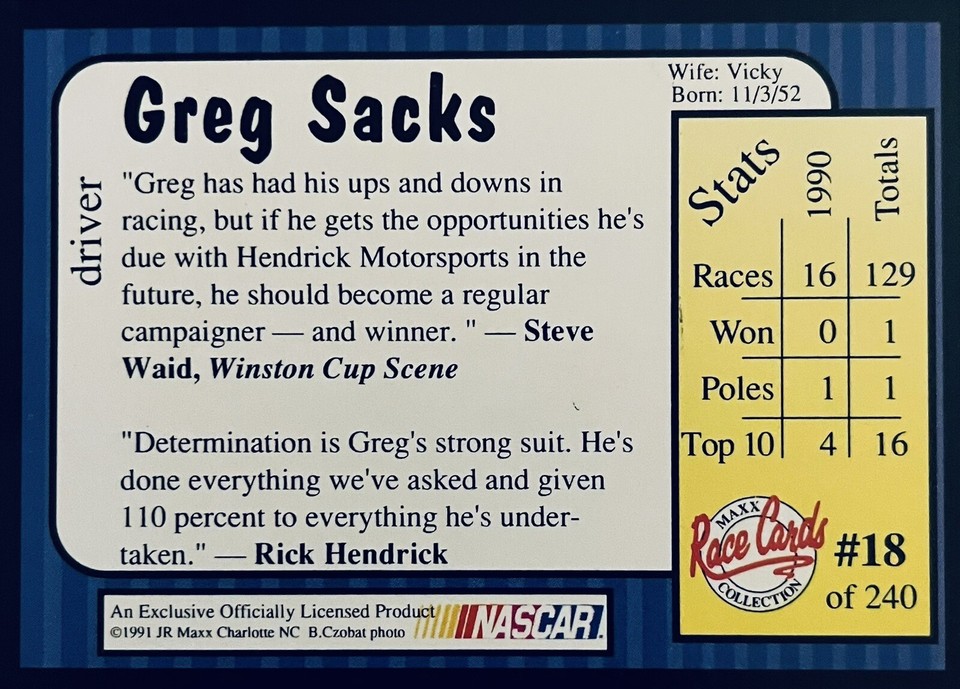 Brand New: Vintage 1991 Maxx Greg Sacks NASCAR Driver Trading Card | eBay