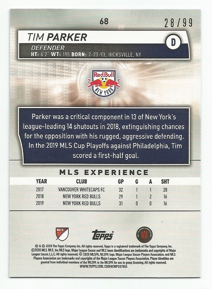 2020 Topps MLS Soccer TIM PARKER Blue Parallel #d 28/99 NEW YORK RED ...
