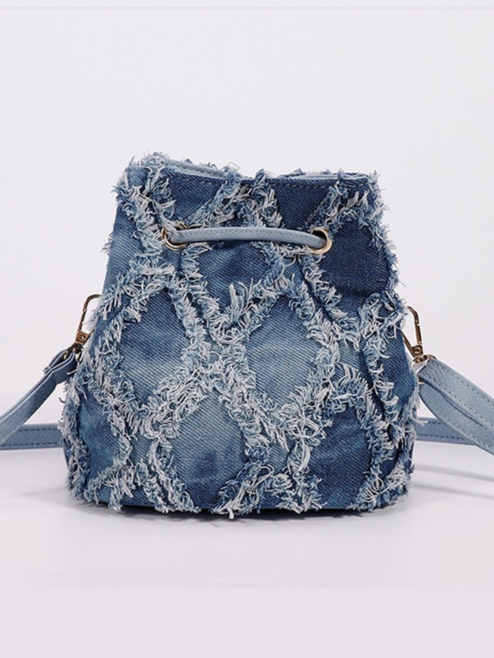 Women's denim bucket bag elegant crossbody bag drawstring tassel ...