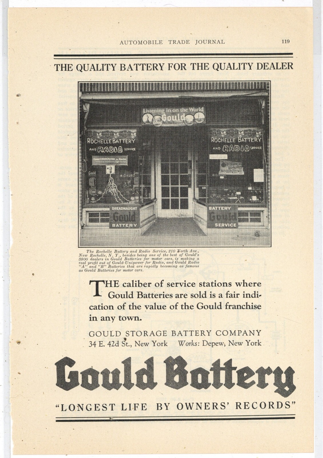 1924 Gould Battery Ad: New Rochelle Battery & Radio Service Storefront ...
