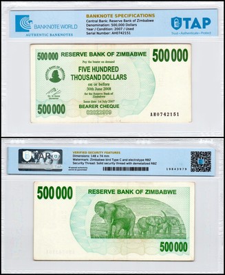 Zimbabwe 500000 Dollars Bearer Cheque, 2007, P-51, Used, Authenticated ...