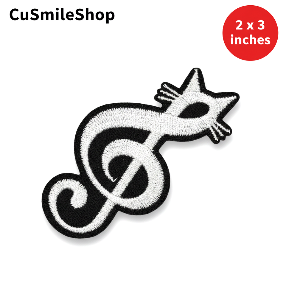 Treble Clef Cat with Whiskers Embroidered Patch 2 x 3 Inch Fun White ...