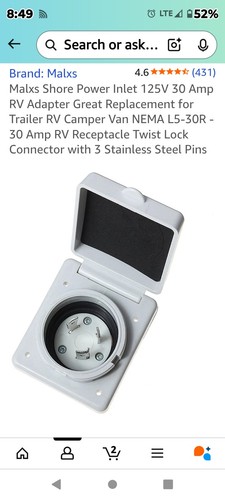 RV 125V 30 AMP Power Plug Twist Lock Inlet with 3 Stainless Steel Pins ...