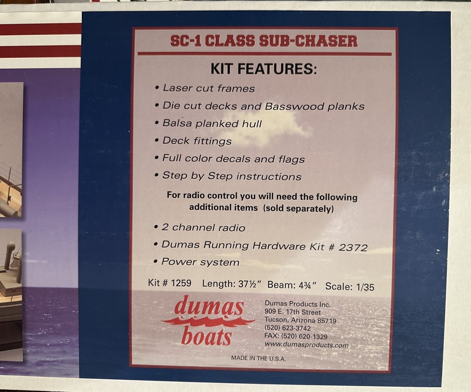 Dumas SC-I Class Sub-Chaser 1:35 Scale Wooden Model Kit 1259 New In Box ...