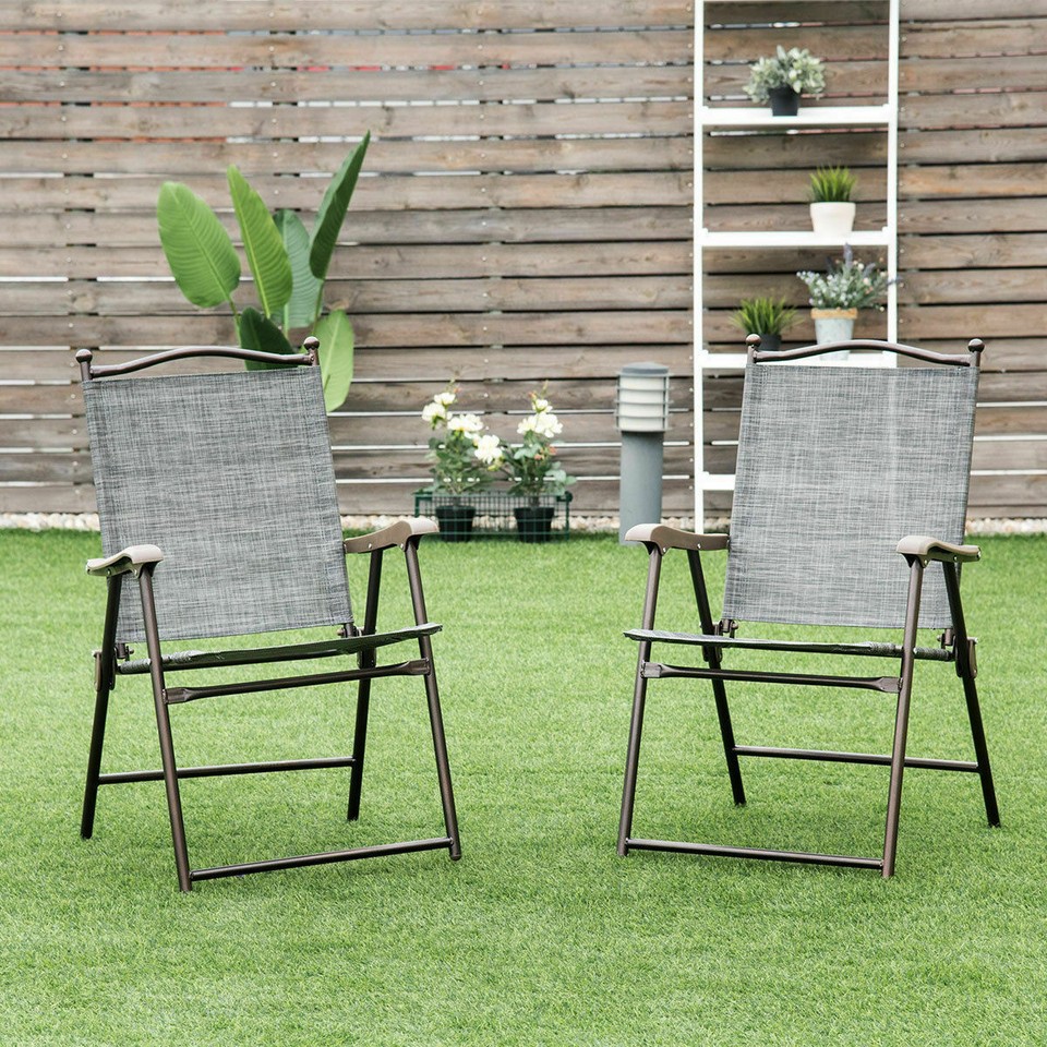 Set of 2 Patio Folding Sling Back Chairs Camping Deck Garden Pool Beach ...