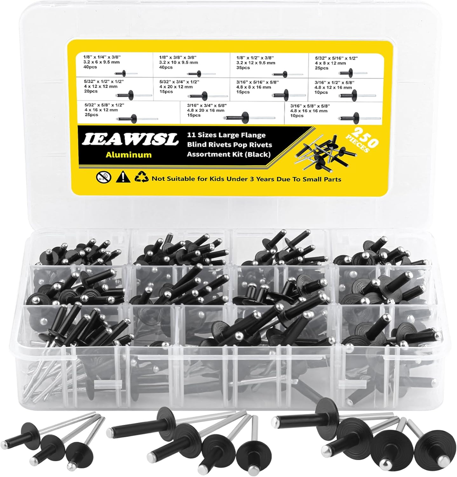 400PCS Black Pop Rivets Assortment Kit, 8 SAE Sizes Aluminum Rivets (1/ ...