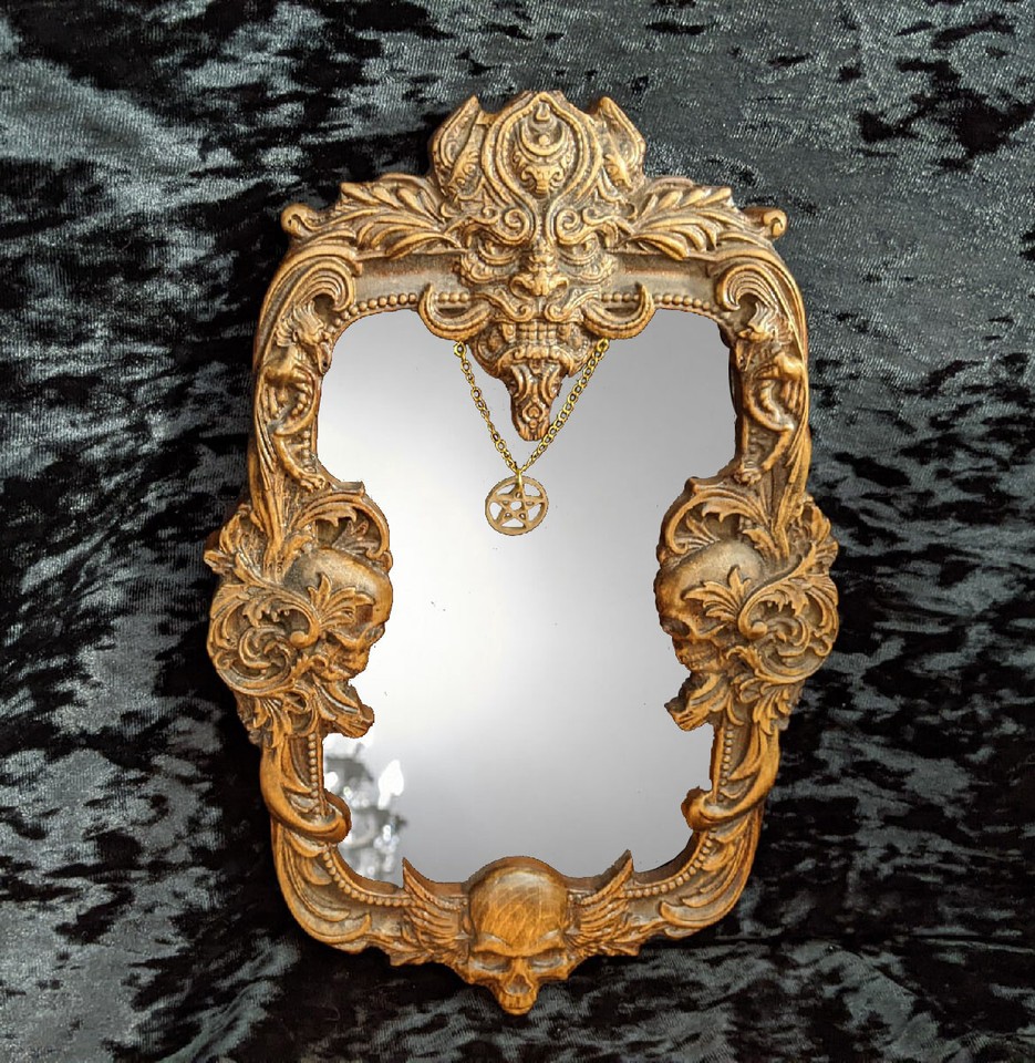 Black mirror Wooden wall mirror with demon skull Gothic mirror Natural ...