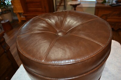 BROWN NAUGAHYDE ROUND OTTOMAN FOOT STOOL VINTAGE MCM FURNITURE ORIGINAL ...