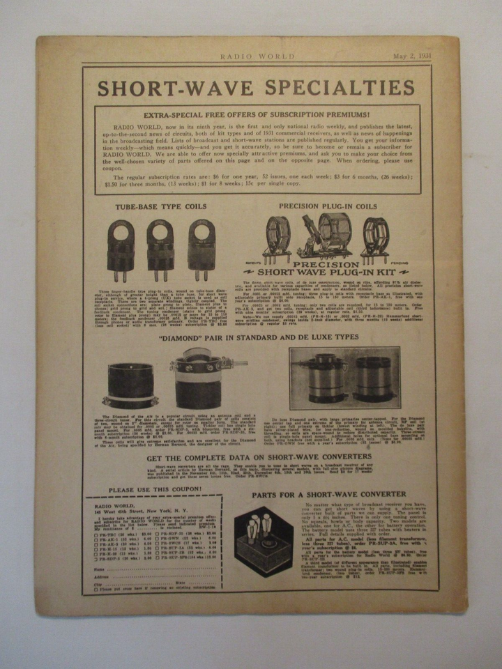 RADIO WORLD MAGAZINE MAY 2, 1931 SHORT WAVE WITHOUT PLUGGIN IN VINTAGE ...