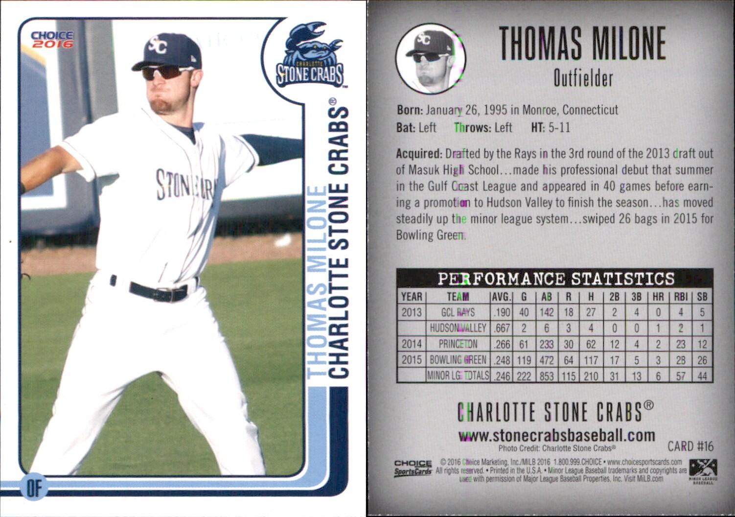 Thomas Milone 2016 Choice Charlotte Stone Crabs #16 RC Card FREE SHIP ...