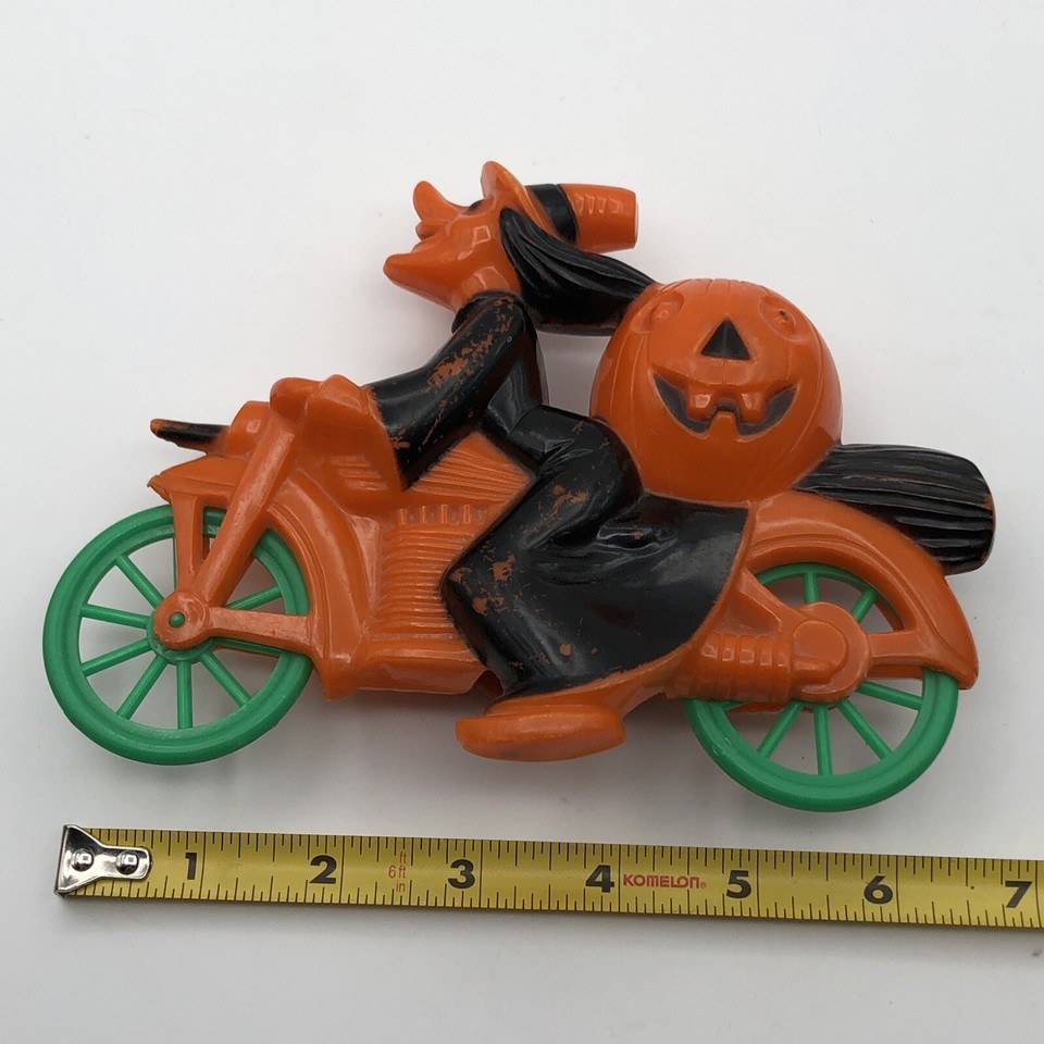 Vintage Halloween Witch Jack O' Lantern Motorcycle Bicycle Broom ...
