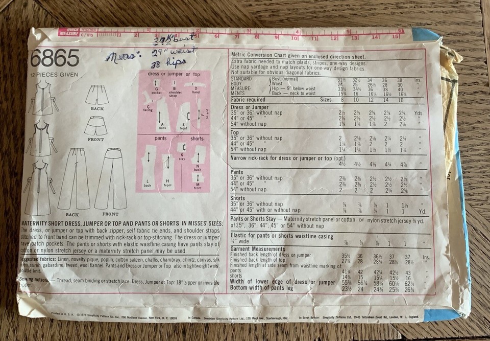 Vtg 1970s Simplicity 6865 Sewing Pattern Misses 10 Maternity Pants Tops ...