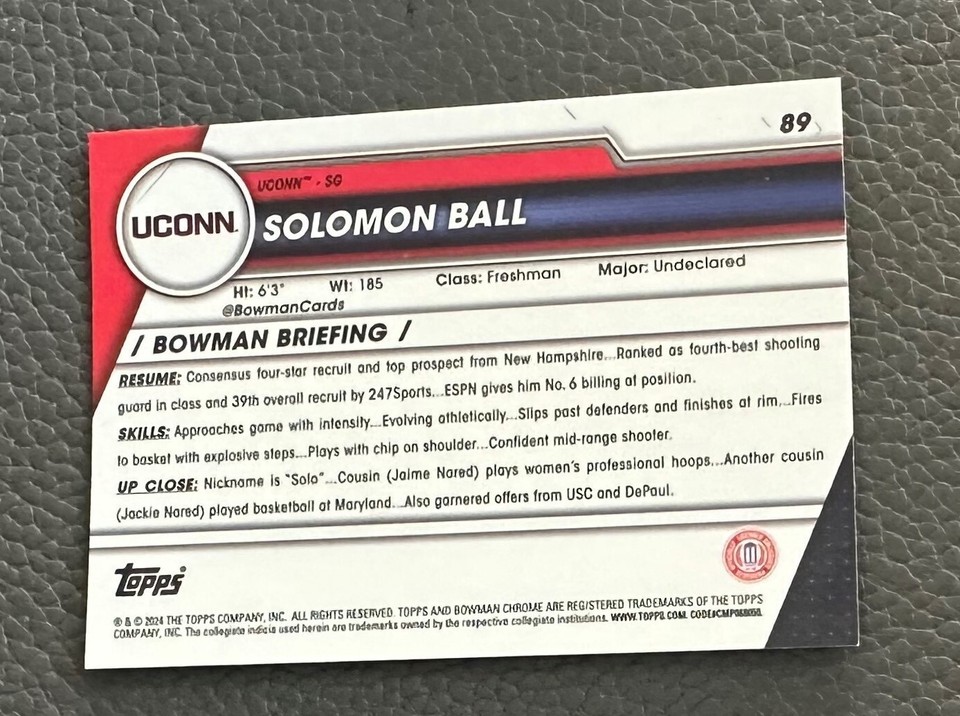 2023-24 Bowman University Chrome Solomon Ball base #89 1st UCONN Champs ...