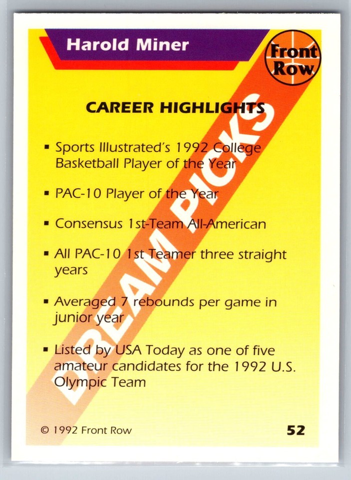 1992 Front Row Dream Picks Harold Miner Rookie USC Trojans RC #52 | eBay